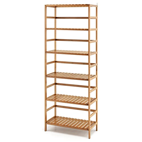 Giantex 6-Tier Bamboo Bookshelf, 63'' Tall Freestanding Storage Display Shelf with Adjustable Shelves, Easy Assembly Multipurpose Bookcase Shelf Rack for Living Room, Kitchen, Plants (Natural)
