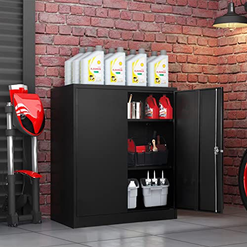 INTERGREAT Metal Storage Cabinet with Locking Doors, Lockable Steel Storage Cabinet with 2 Doors and Shelves, Black Metal Cabinet with Lock, Small Steel Cabinet for Home Office, Garage, Shop