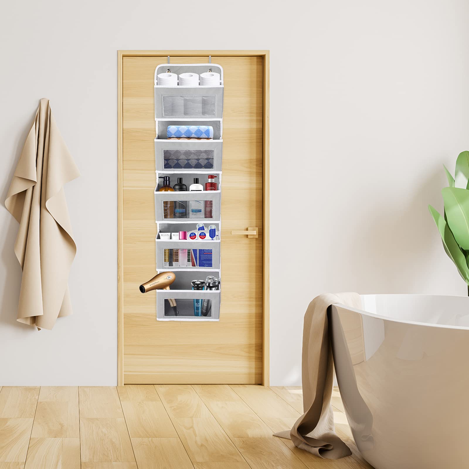 sysucpion Over The Door Hanging Organizer Storage with 5 Clear Window Large Capacity Pocket and 2 Metal Hooks for Pantry,Closet,Bathroom,Kitchen,Nursery,Dorm