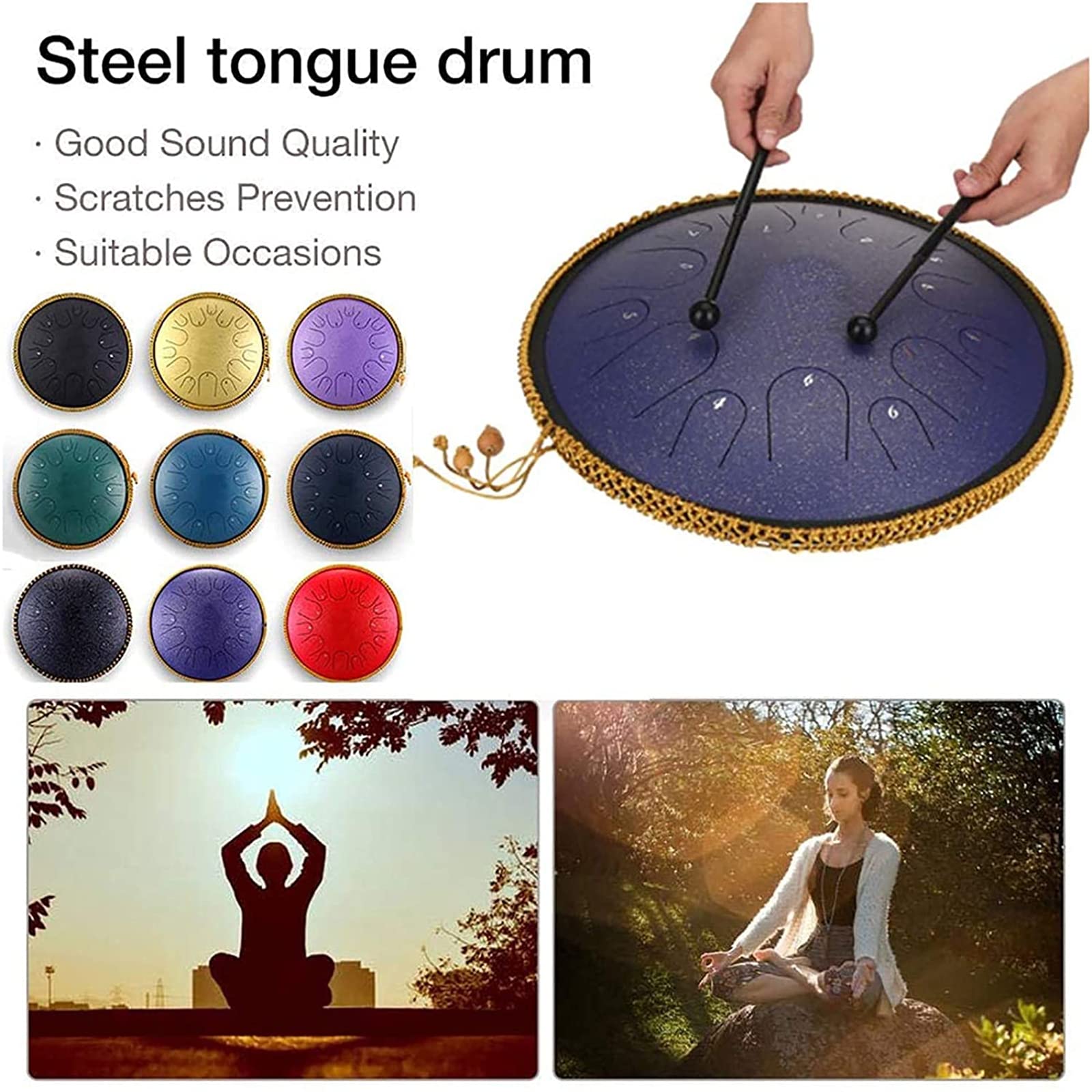 Steel Drum 15 Notes Steel Tongue Drum 13 Inch Tank Drum Zen Drum With Mallets Travel Bag For Beginner Music Lovers Gift (Obsidian)