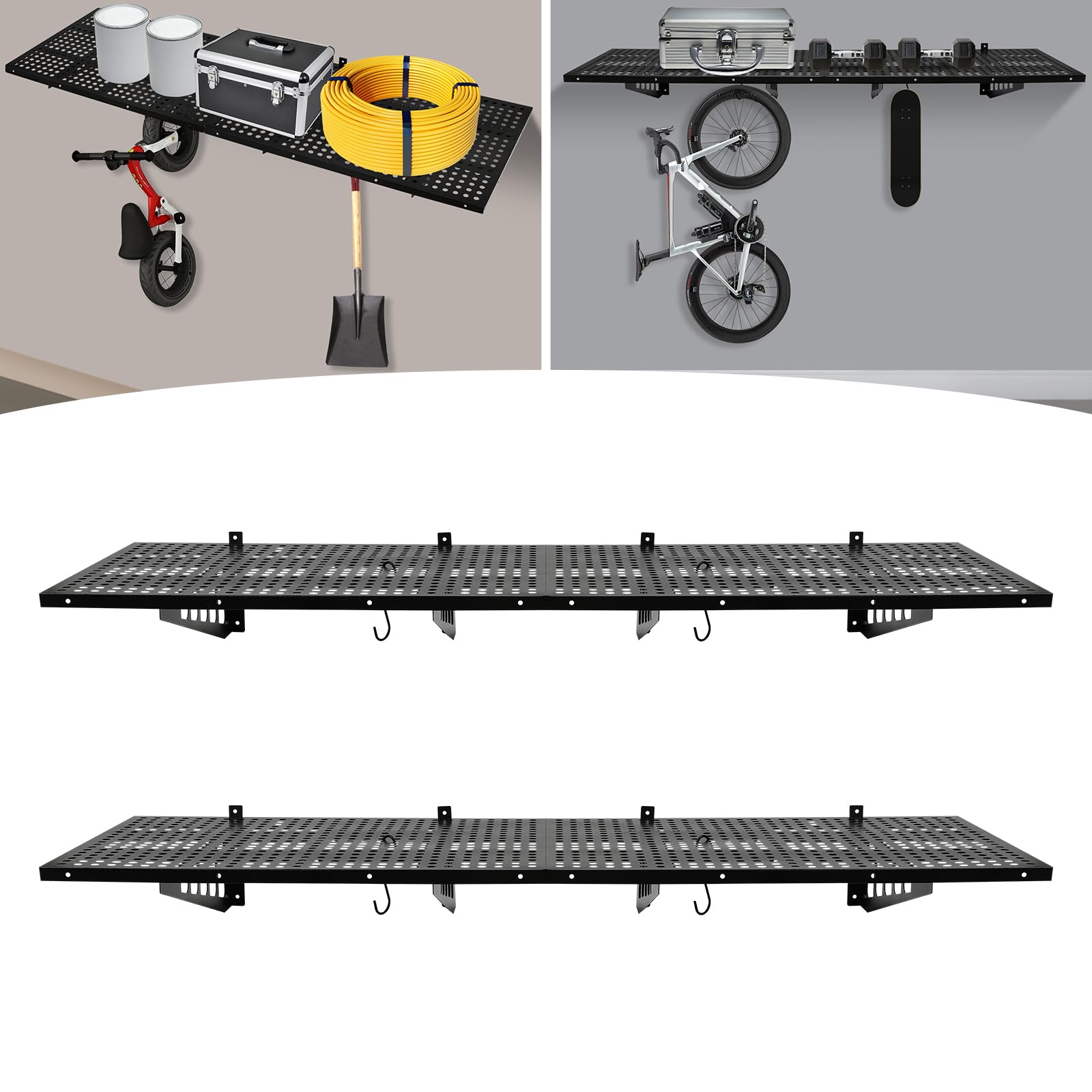 Garage Shelving Wall Mounted, 2-PACK 2x6FT Garage Shelving, 72βx 24βGarage Shelving Wall Mount Organizer, 560 lbs Load Capacity Garage Storage Rack Floating Shelves, with 4 Hooks, 1 Sets, Black
