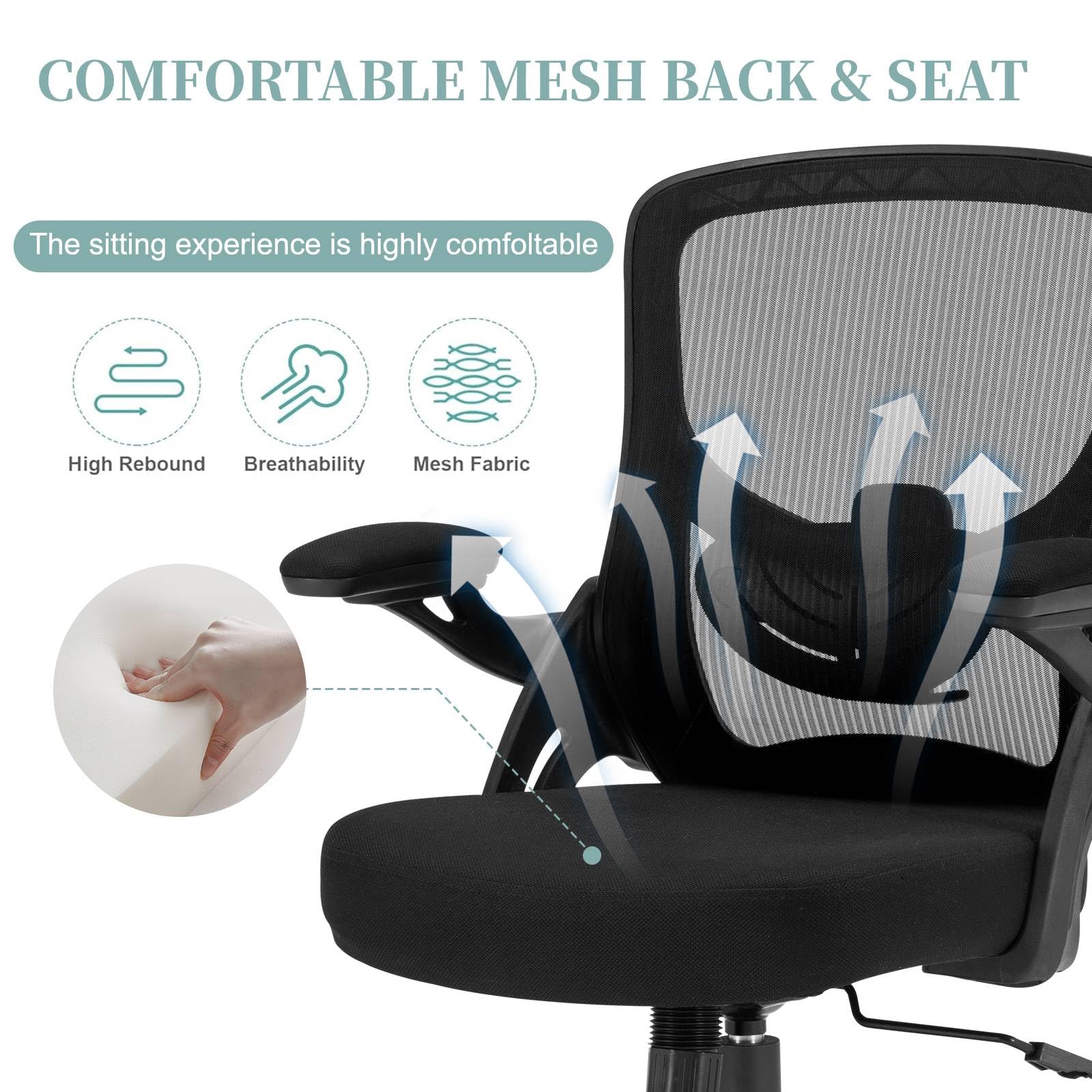 Ergonomic Mesh Office Chair, Comfy Desk Chair with Flip up Armrests, Swivel Computer Desk Chair with Adjustable Lumbar Support and Height for Home Office, 300 lbs Capacity