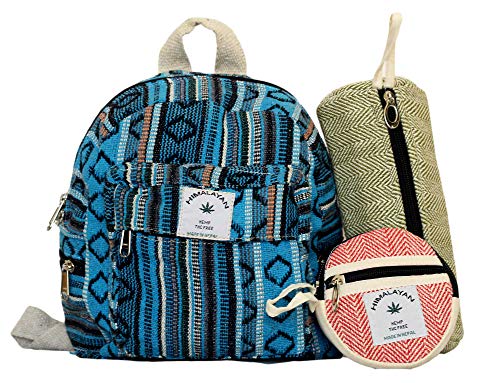 Generic Eco Friendly Set Of Mini Backpack + Pen case Coin Purse Hemp University Light Weight For Girl (Blue), Small