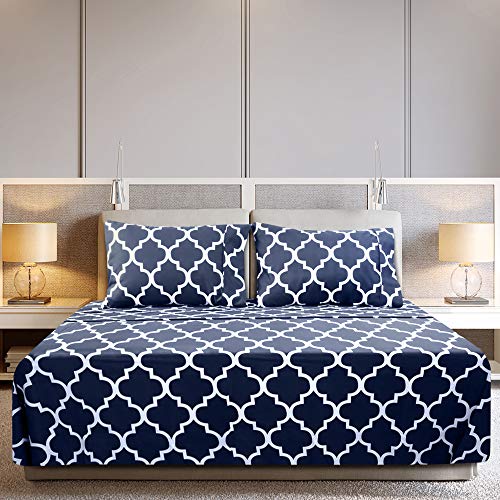 Utopia Bedding Queen Sheet Set, Soft Microfiber 4 Piece Bed Sheets with 16" Deep Pocket - Easy Care Brushed Microfiber (Quatrefoil - Navy)