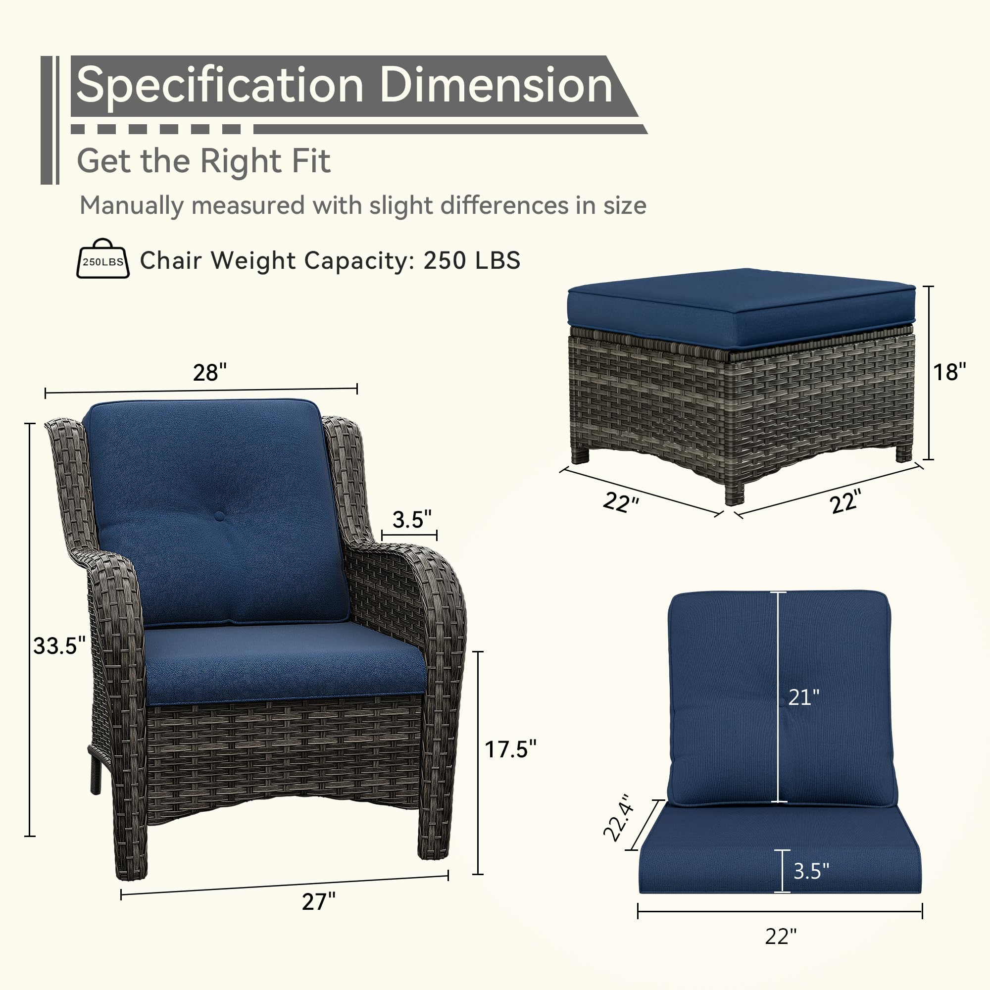 Gardenbee 4 Pieces Patio Conversation Set, Wicker Chairs Set of 2 and Two Ottomans with 3.5-inch Seat Cushions, High Back and Curved Armrest for Backyard, Balcony and Deck, Blue
