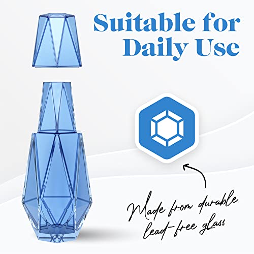 Modern Geometric Bedside Carafe | 2-Piece Set - Bedside Water Carafe | Glass Carafe with Cup that Doubles as Lid | Bedside Water Carafe and Glass Set in Blue (37oz)