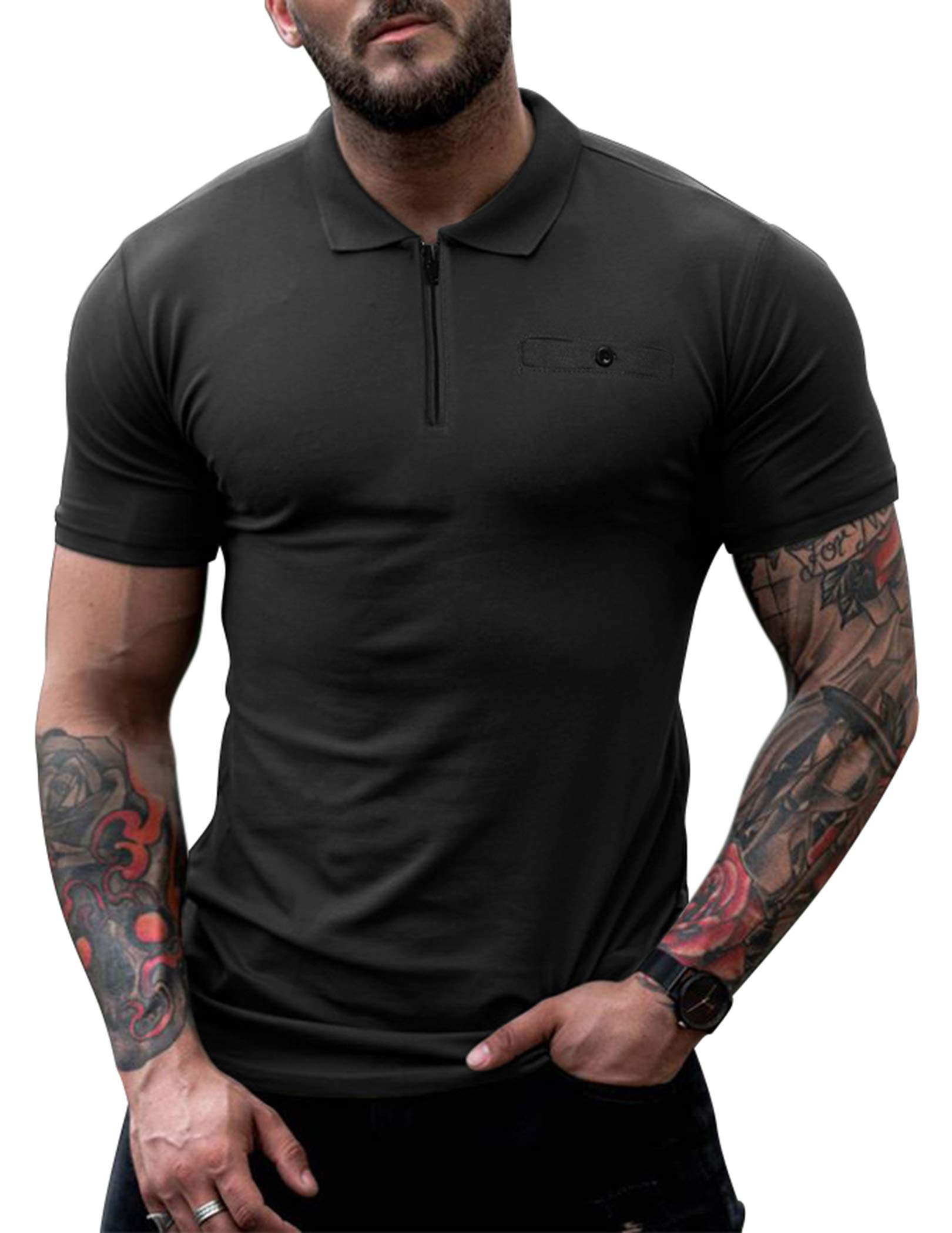 COOFANDY Men's Short Sleeve Front Zipper Polo Shirts Uniform Fitted Pique Polo Shirts Black
