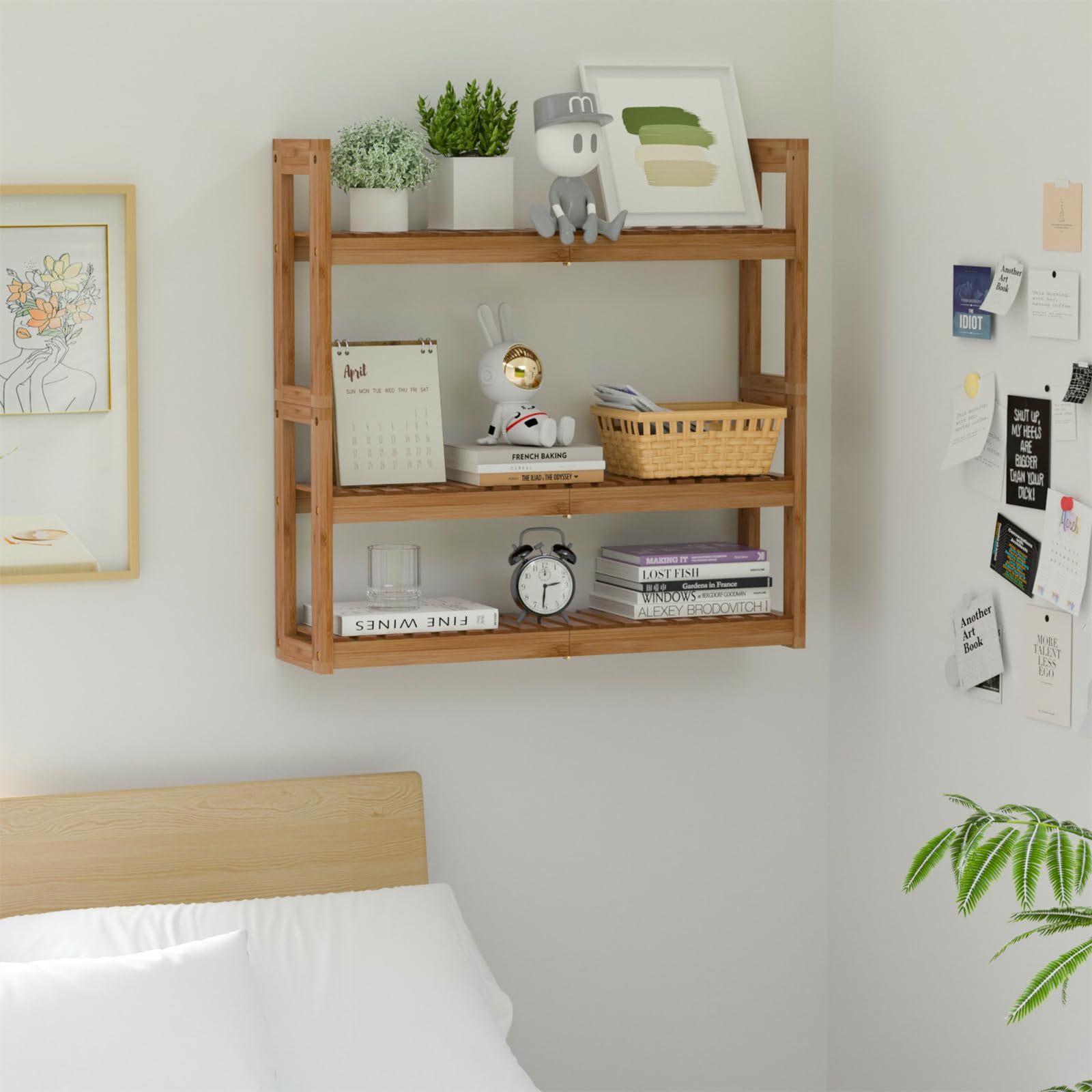 Domax Bathroom Shelves Over The Toilet Storage Shelf - 3 Tier Wall Mount Bamboo Bathroom Shelf Organizer Multifunctional Adjustable Layer Free Standing Utility Shelves for Bathroom Living Room Kitchen