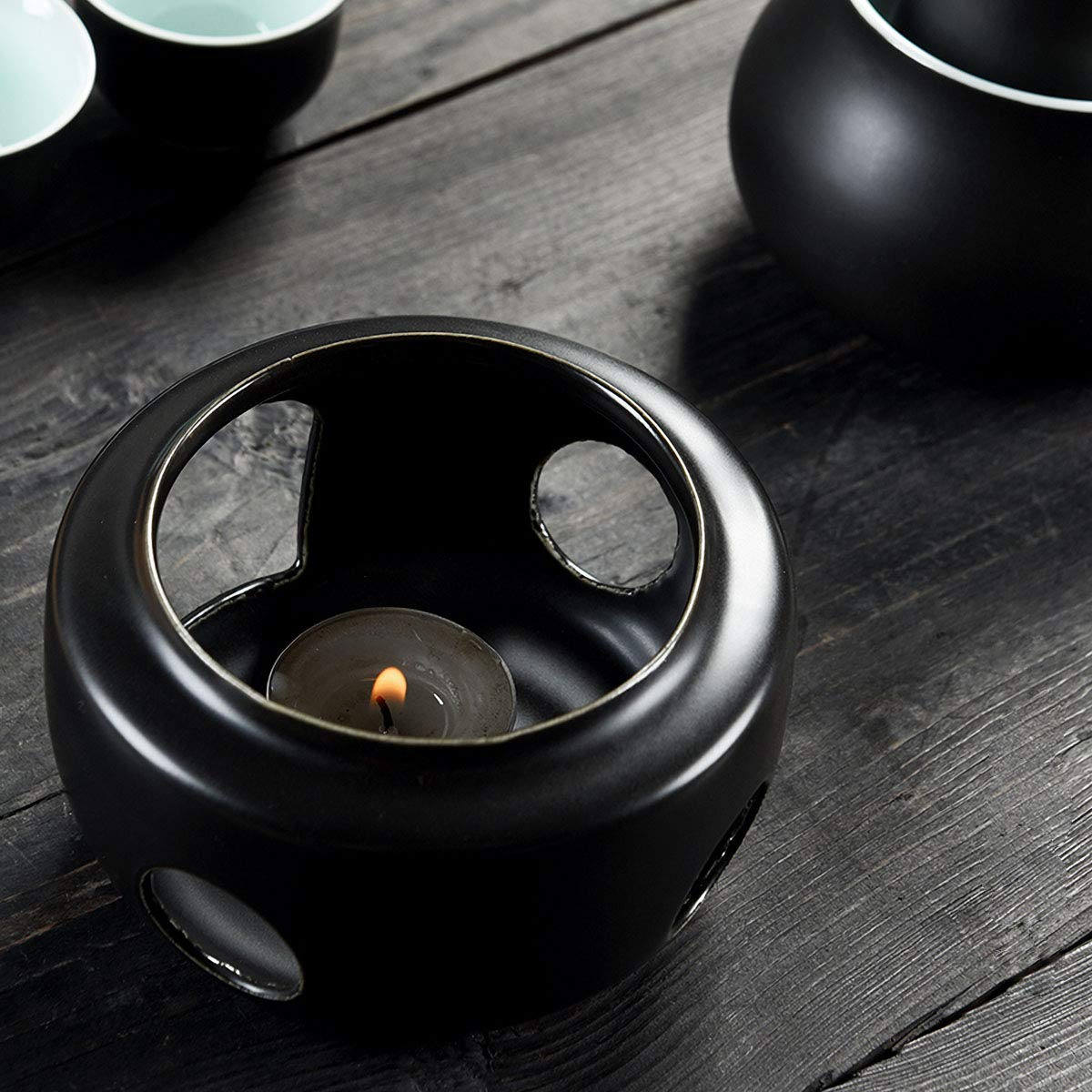 Dltsli Ceramic Sake Set + Bamboo Tray Warmer Pot, Porcelain Stovetop Hot Saki Drink Bottle, 10pcs Set 1 Stove 1 Warming Bowl 1 Sake Bottle 1 Tray 6 Cup Keep Sake Storage Gift Box (Black)