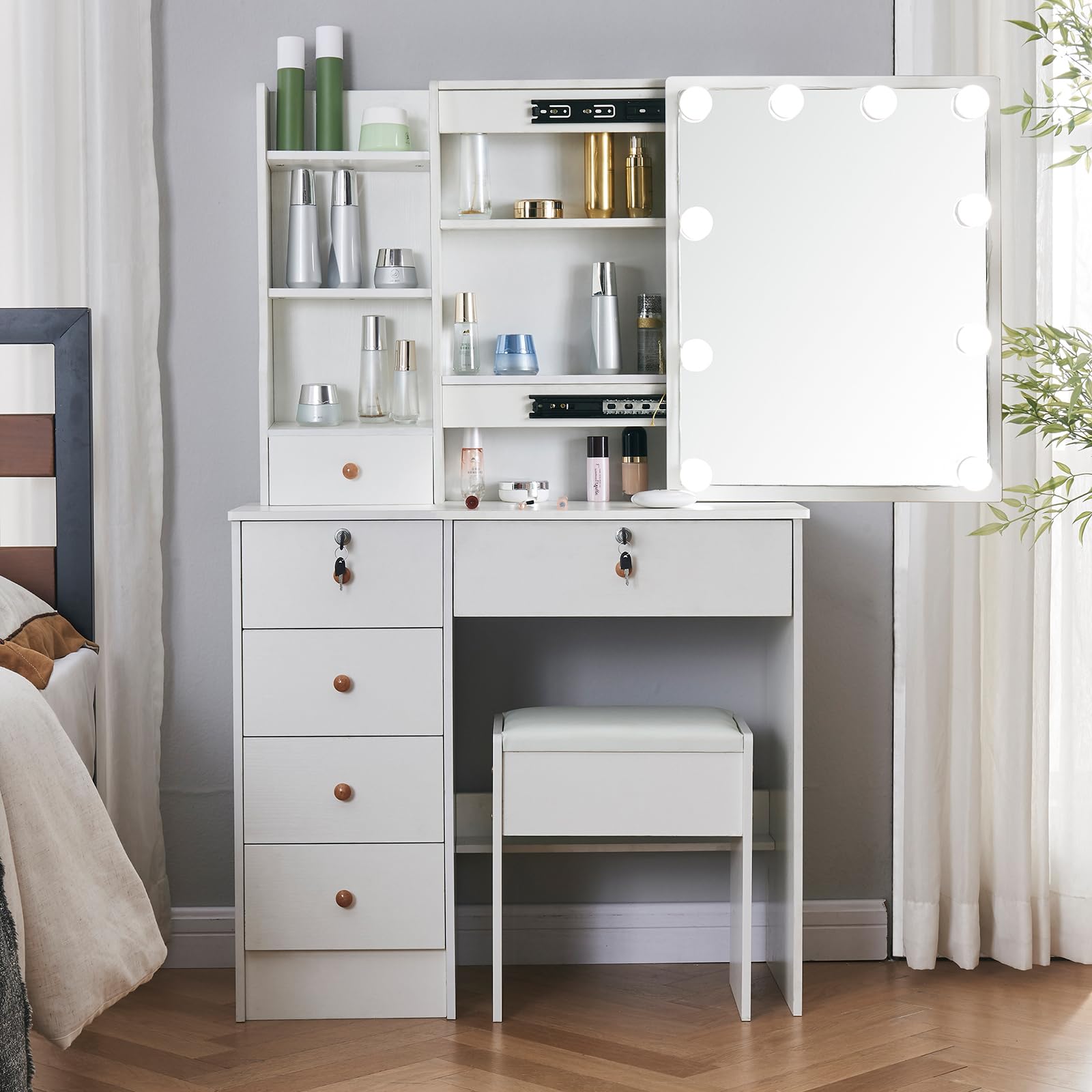 Caulitar Modern Vanity Desk with Mirror and Lights, White Vanity Desk with Stool and 4 Storage Drawers, Bedroom Makeup Vanity for Women Girls