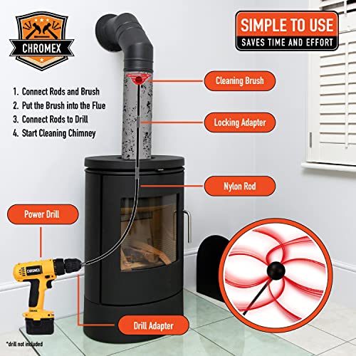 Chromex Drill Rotary Chimney Cleaning Brush and Rod Kit | 8 Piece Rod Set Extends Up to 24 Feet - Includes Spinning Whip Brush and Protective Plastic Sheets (Drill Not Included)