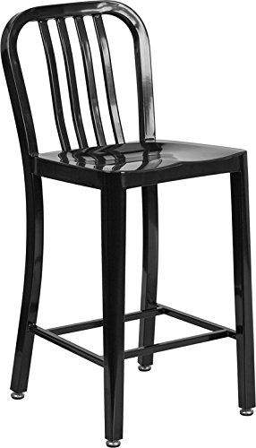 Flash Furniture Gael Commercial Grade 2 Pack 24" High Black Metal Indoor-Outdoor Counter Height Stool with Vertical Slat Back
