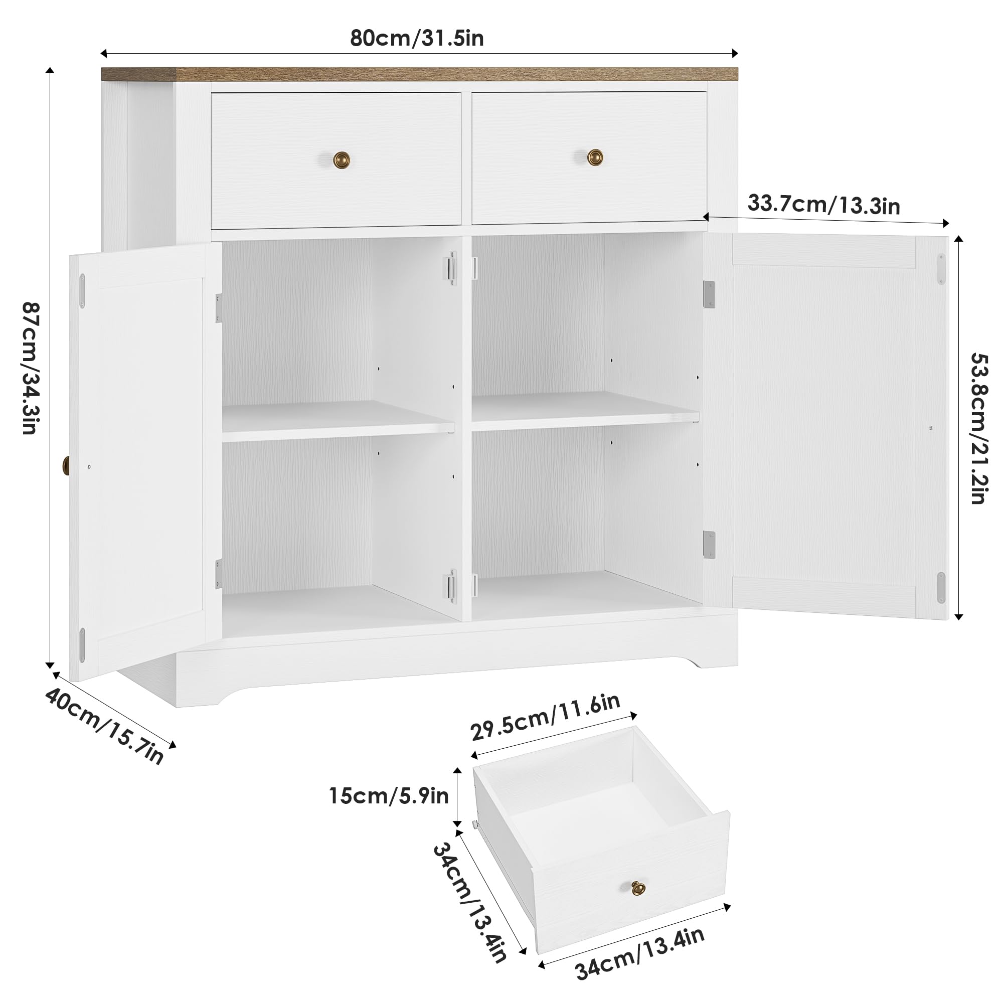 FOTOSOK Kitchen Sideboard Buffet Cabinet, 34'' H Farmhouse Kitchen Storage Cabinet with Drawers and Adjustable Shelves, Modern Coffee Bar Cabinet for Kitchen, Dining Room, Bathroom, Entryway, White