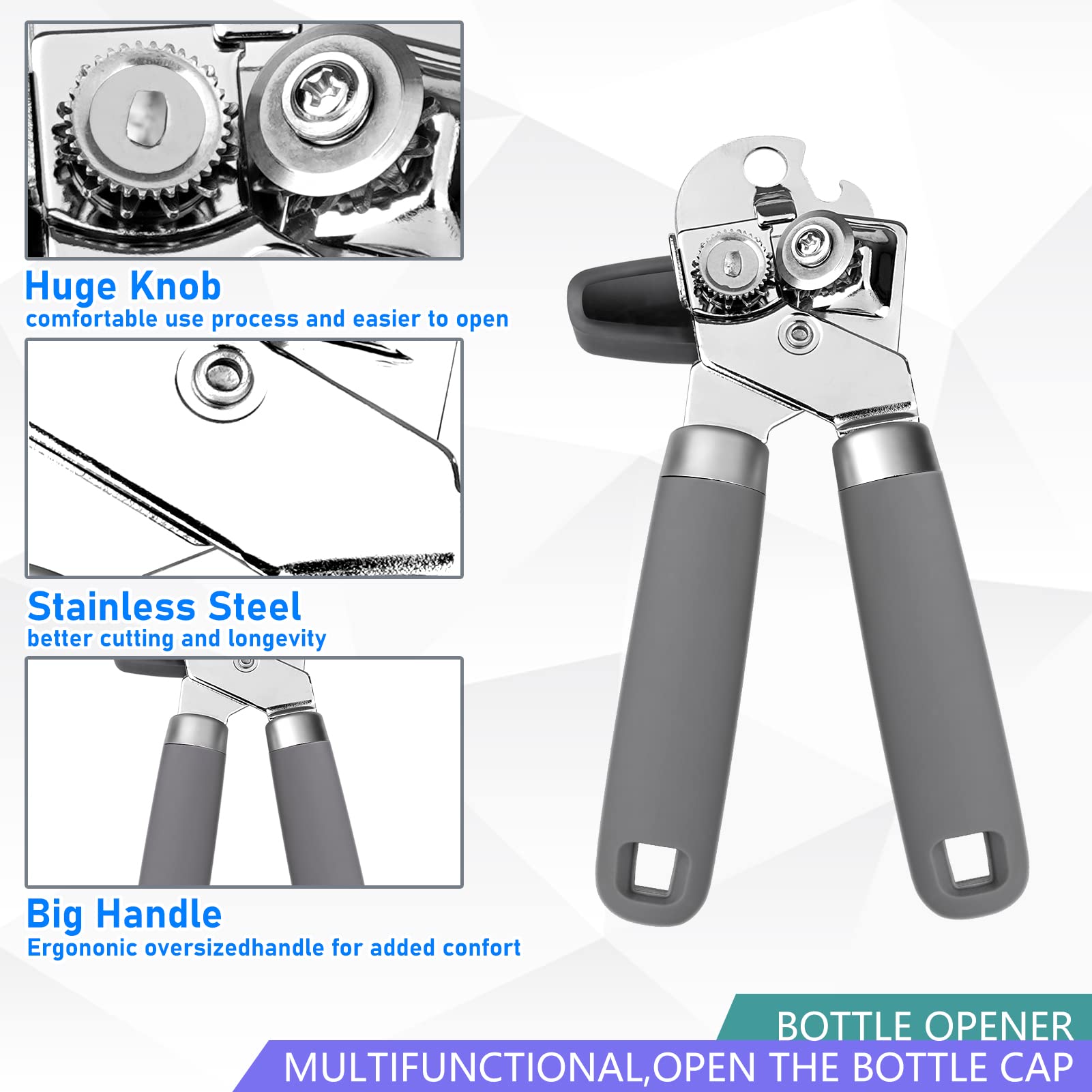 Can Opener Manual, Easy Grip Handheld Can Opener Smooth Edge, Can Openers with Sharp Blade,Safety Effort-Saving Can Opener for Seniors Mama, Kitchen, Commercial Bottles Opener Gray