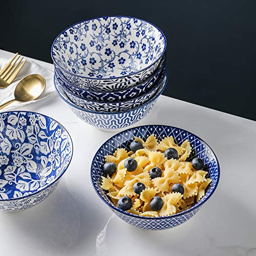 Selamica Blue and White Porcelain 20oz Cereal Bowl Set - Set of 6, 6 inch Soup Bowls, Ceramic bowls for Cereal, Soup, Salad and Pasta, Vintage Blue, Gift Pack