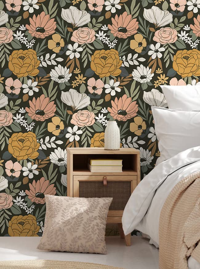 HAOKHOME 93217 Vintage Large Floral Peel and Stick Wallpaper Removable Daisy Leaf Black/Sand/Oliva Vinyl Self Adhesive Mural 17.7in x 6.6ft