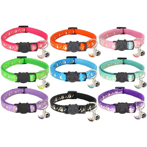 Giecooh 2 Pack Breakaway Cat Collar with Bells,Adjustable Moon and Star Kitten Safety Collars for Boys & Girls,Purple+Teal