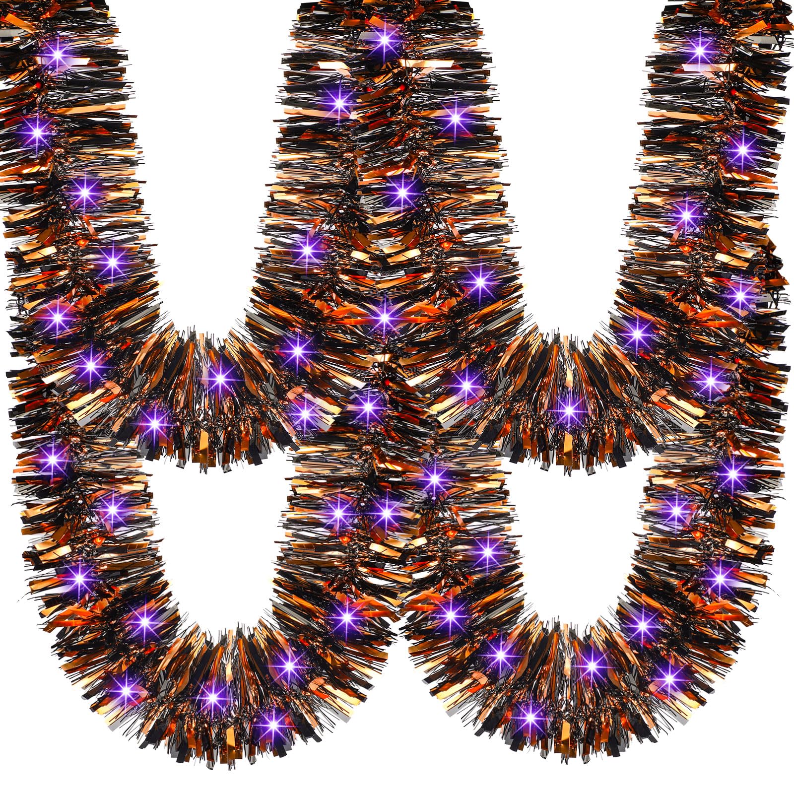 Chuangdi 16.4 ft Halloween Tinsel Garland Halloween Twist Garland with 50 LED String Lights Battery Operated Garland Hanging Metallic Tinsel Decoration for Party (Multi Color)