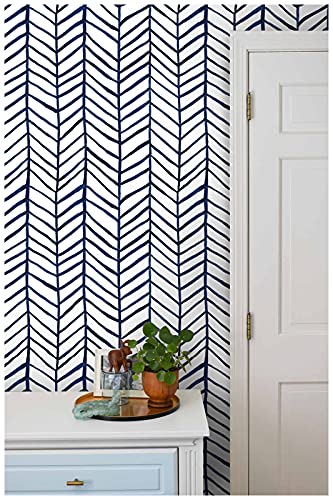 HAOKHOME 96020-2 Modern Stripe Peel and Stick Wallpaper for Bedroom Herringbone Navy Blue Vinyl Removable Decoration 17.7in x 9.8ft