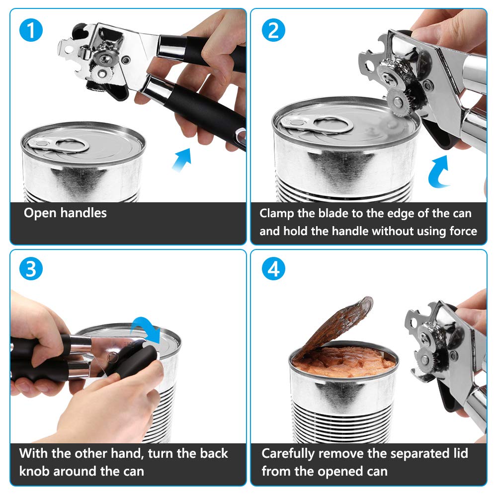 Can Opener, Stainless Steel Manual Can Opener with Effort-Saving Large Knob, Mulitfunctional Bottle Lid Jar Opener with Soft Non-Slip Handle for Kitchen Restaurant Gift