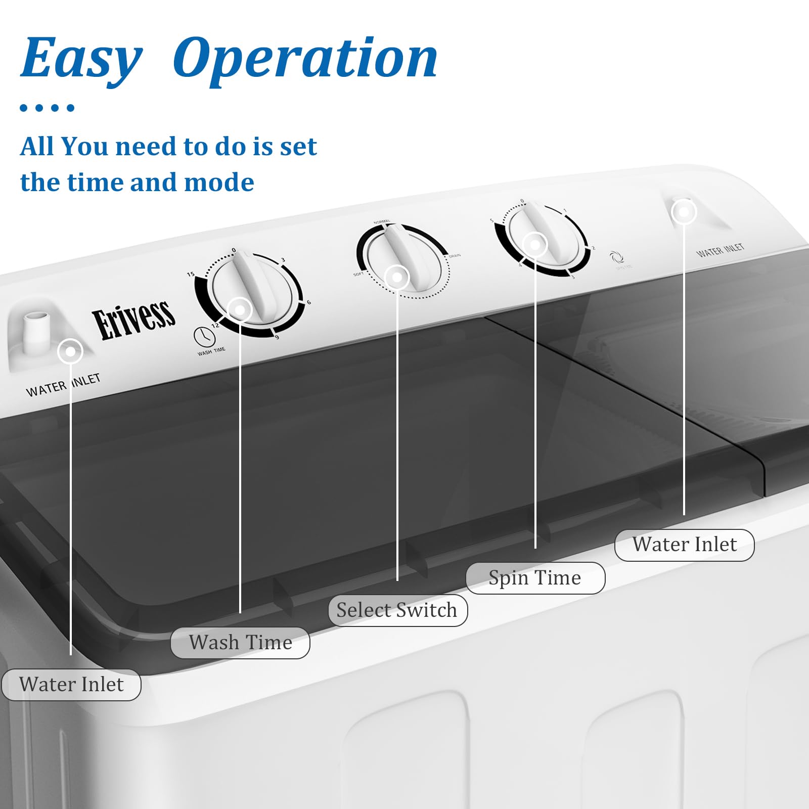 Erivess 32 lbs Compact Mini Twin Tub Washing Machine with Drying Rack&10 Hangers, 20 lbs Washer Mini Compact Laundry Machine and 12 lbs Spinner, Convenient and Efficient for Dorms, Apartment