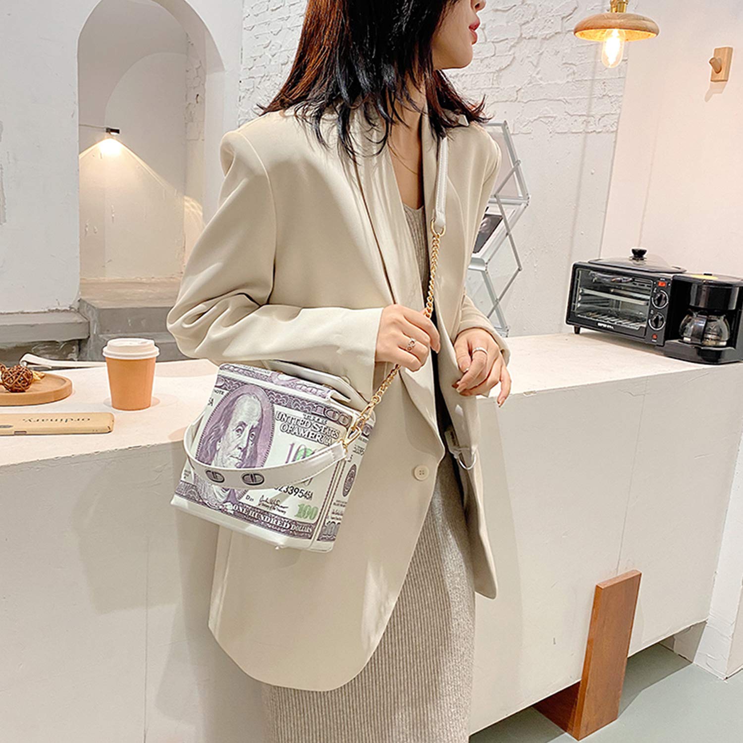 WOG2008 Takeout Box Tower Print Shoulder Bag Pu Leather Ladies Chinese Handbag Cute Girl's with Comfortable Chain Strap