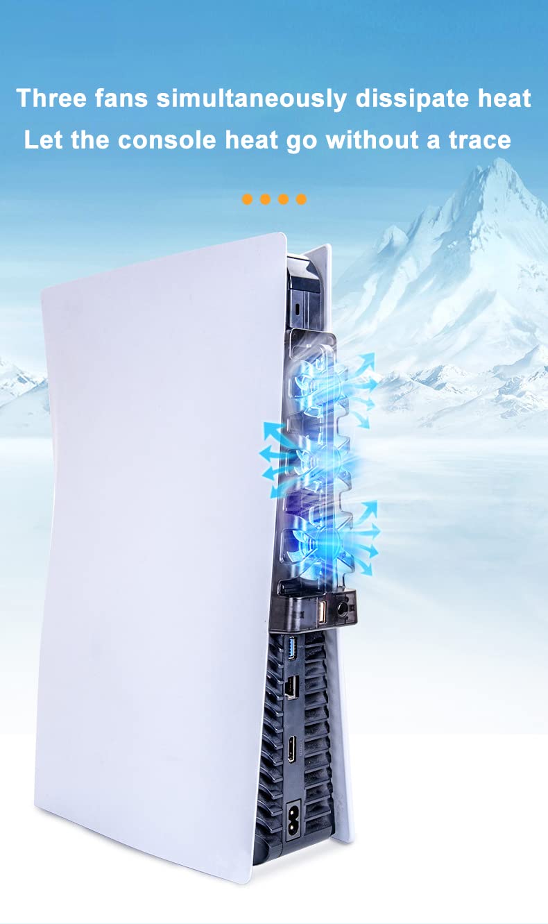 Cooling Fan for PS5, External USB 3 Cooling Fans, Cool Down Game Console Quickly, with 3 Cooling Fans, LED Fan Light and USB Port for PS5 Digital Edition&Disc Edition Console