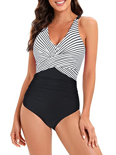 One Piece Bathing Suit for Women Front Cross Athletic Tummy Control Swimsuits V Neck Slimming Swimwear Black White Stripes M