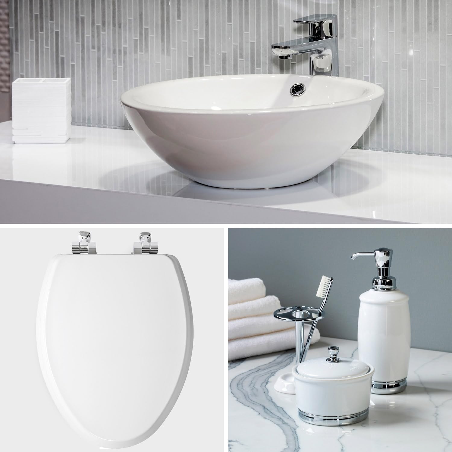 Mayfair Benton Toilet Seat with Chrome Hinges, Slow Close Wood Seat, Secure Metal Hinges, Easy Install, Elongated, White