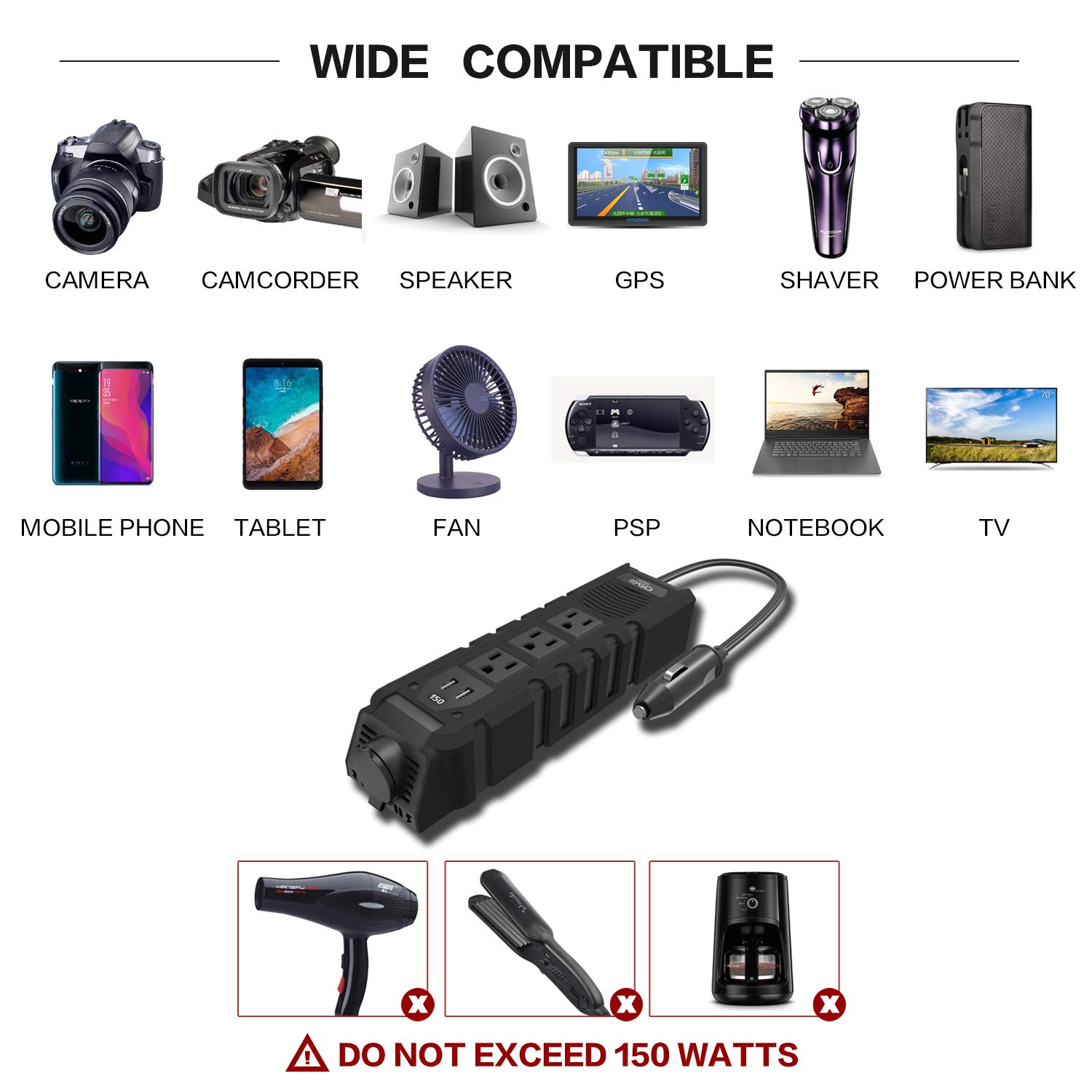 BYGD 150W Car Power Inverter for Vehicles, DC 12V to 110V AC Car Plug Adapter Outlet Converter with 1 Cigarette Lighter Socket, 3 AC Outlets, Dual 4.8A Fast Charging USB Ports for Digital Devices