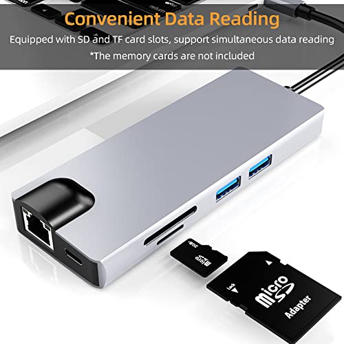 ERYUE 8-in-1 Type-C Hub USB-C Converter Aluminum Alloy Shell 2*USB3.0+1*PD+1*HD+1*VGA+1*100M RJ45 Port+SD/TF Card Slots