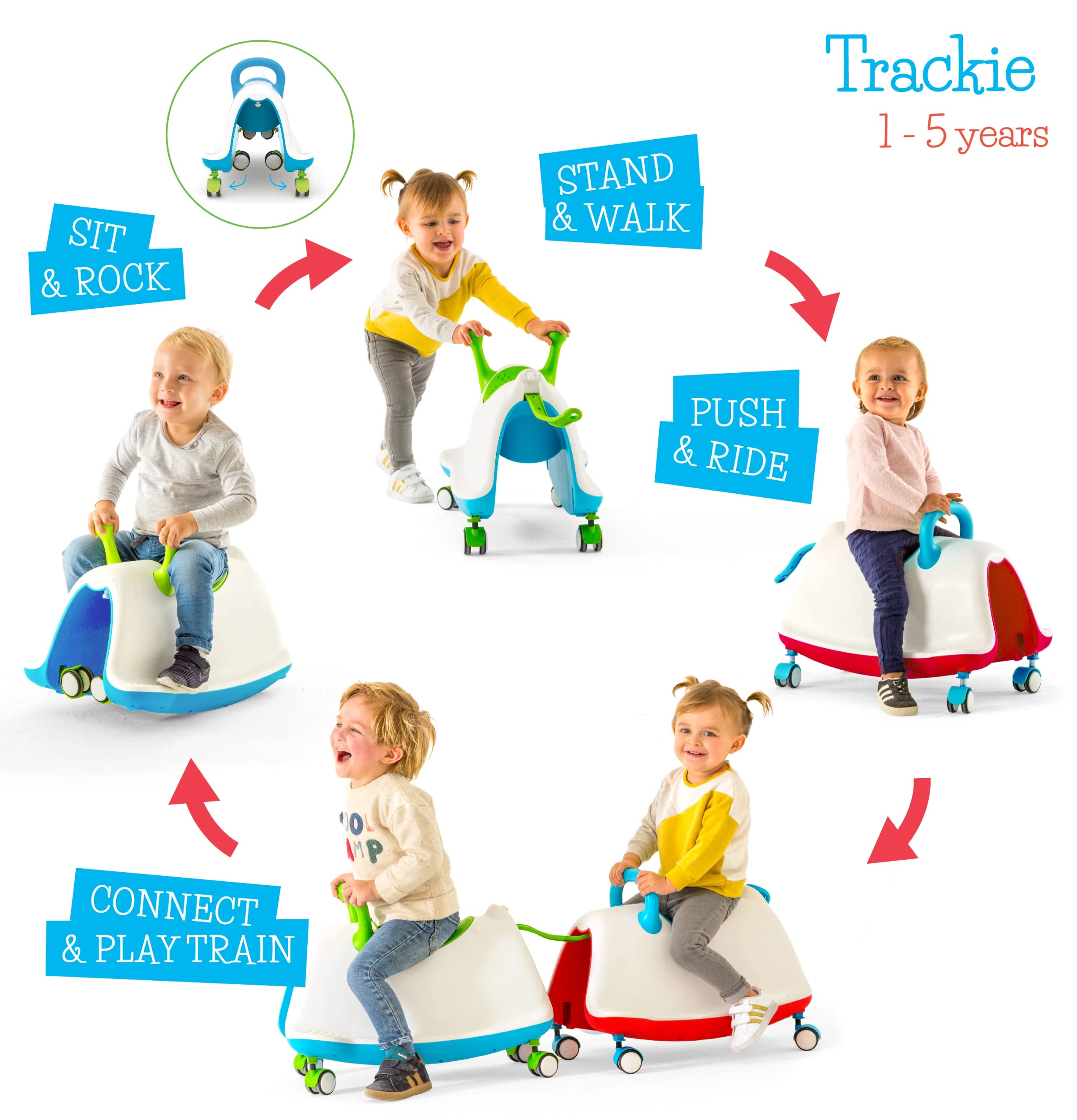 Chillafish Trackie 4-in-1; Rocker, Walker, Ride-on & Play Train, for Kids 1-5 Year, with Adjustable seat Height, Silent Non-Marking 360° Swivel Wheels, Blue and Red, Large