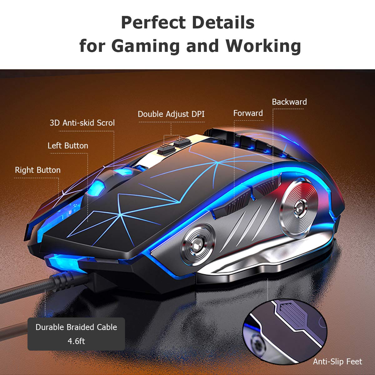 Censprin Gaming Mouse USB Wired RGB Backlit Silent Click Gamer Mouse with 4 Adjustable DPI Up to 3200, Comfortable Grip Ergonomic Optical Gaming Mice for Laptop PC Gamer Computer