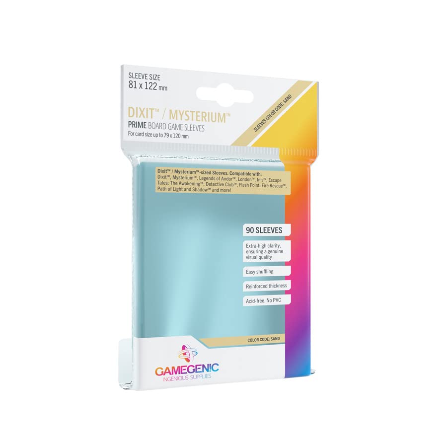 Prime Board Game Sleeves | Pack of 90 Extra-Clear Sleeves | 81 by 122 mm Card Sleeves Optimized for Use with Dixit and Mysterium | Premium Card Protection | FFG Sand Color Code | Made by Gamegenic