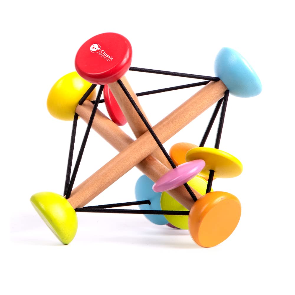 Classic World Wooden Baby Rattle Teething Tensegrity Ball Teether, Squish Squzze Expandable Springy Rebounding Ball for Early Learning Education, Montessori Toys