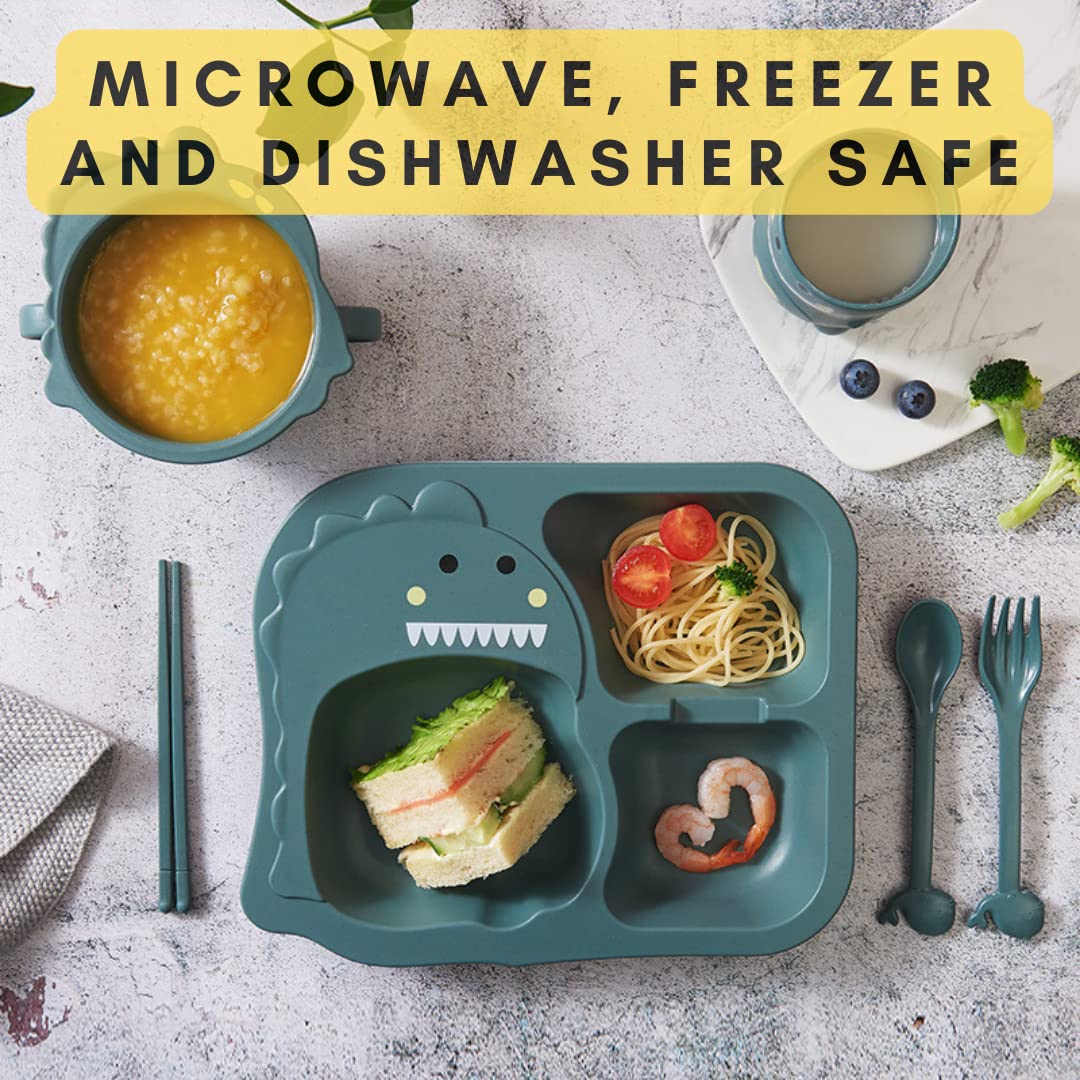 Dinosaur Unbreakable, Microwavable & Dishwasher Safe Wheat Straw BPA-Free & Non-Toxin Training Tableware Dinner Set Suitable for Infants, Toddlers and Kids (Green) (6 Piece Set)