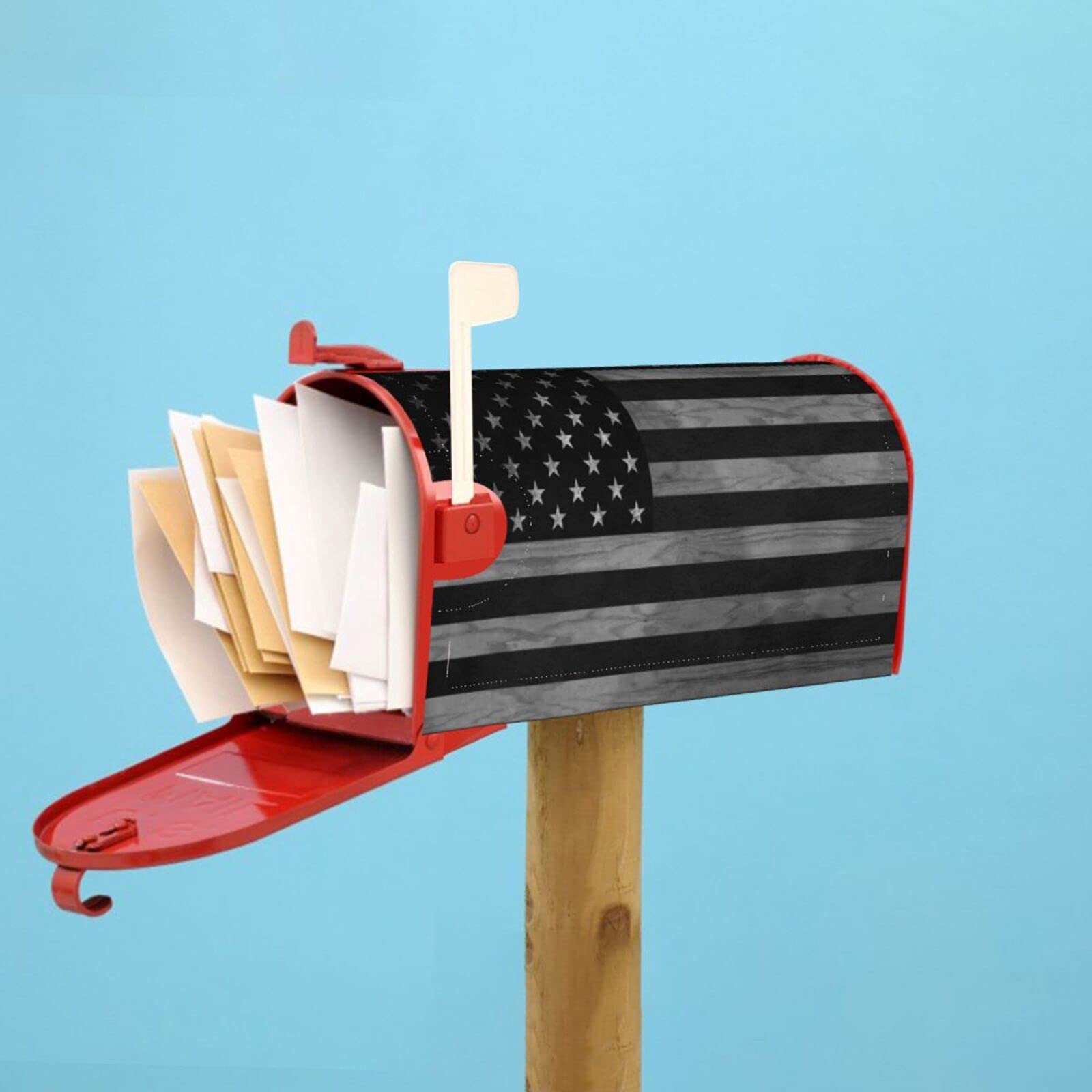 CEZEHAJI Patriotic American Flag Magnetic Mailbox Cover,Black White Wood Grain Star and Stripe Mailbox Wrap Home Decorative for Standard Mailbox Cover Size 25.5(L) x 21(W)