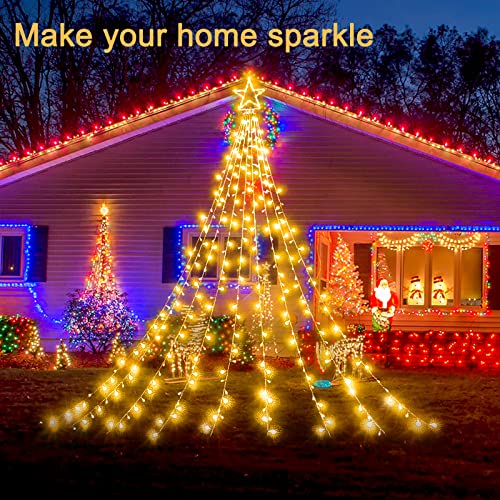 XURISEN Outdoor Christmas Decorations Star Light,11.8 ft 337 LED Waterfall Tree Lights with Topper Star String Lights Plug in, 8 Modes Christmas Lights for Party Home Holiday Decor(Warm White)