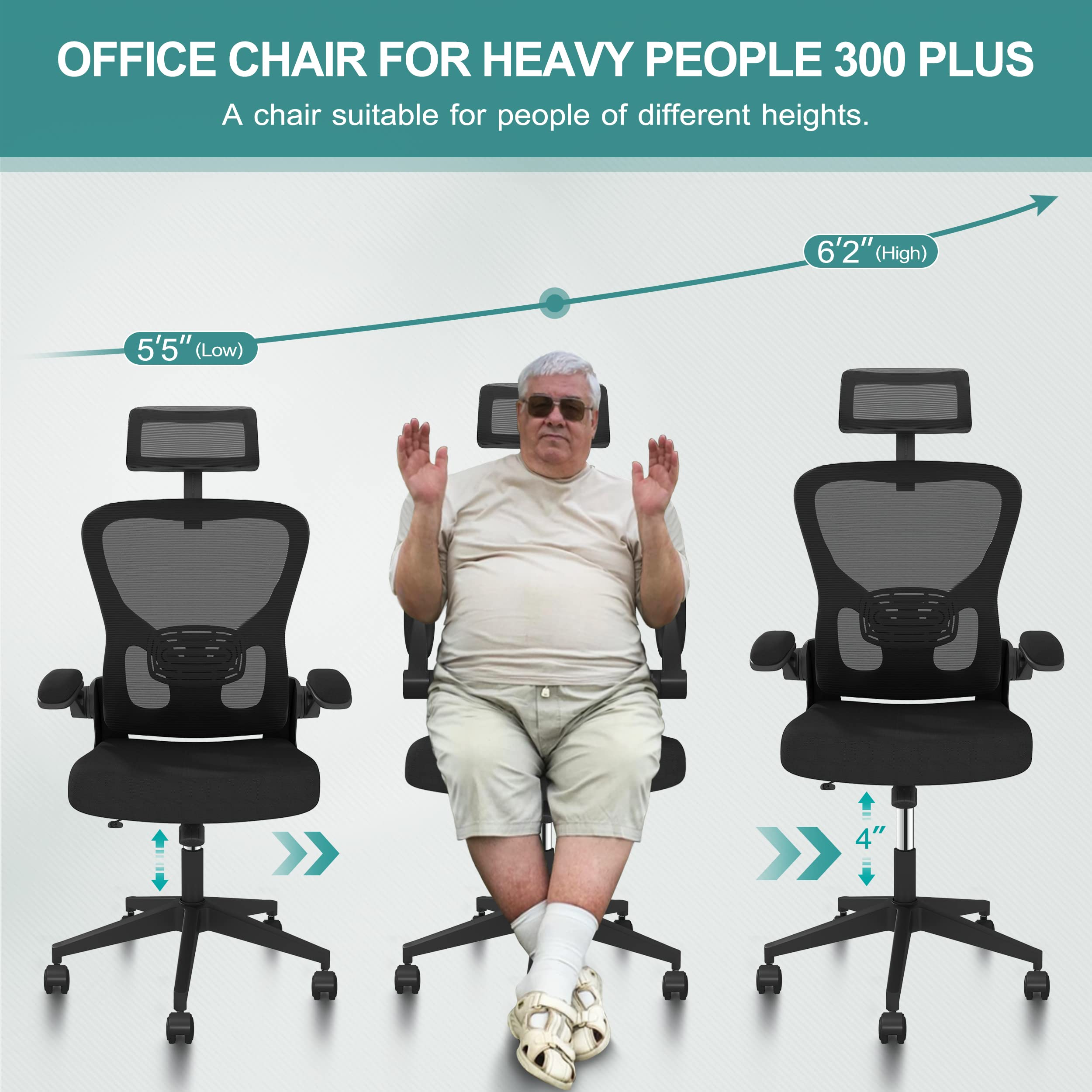 CBBPET Ergonomic Desk Chair with Lumbar Support and Flip-Up Armrests, Home Office Swivel Mesh Chair, Adjustable Backrest Executive Office Chair with Wheels, Perfect for Computer Desk and Home Office