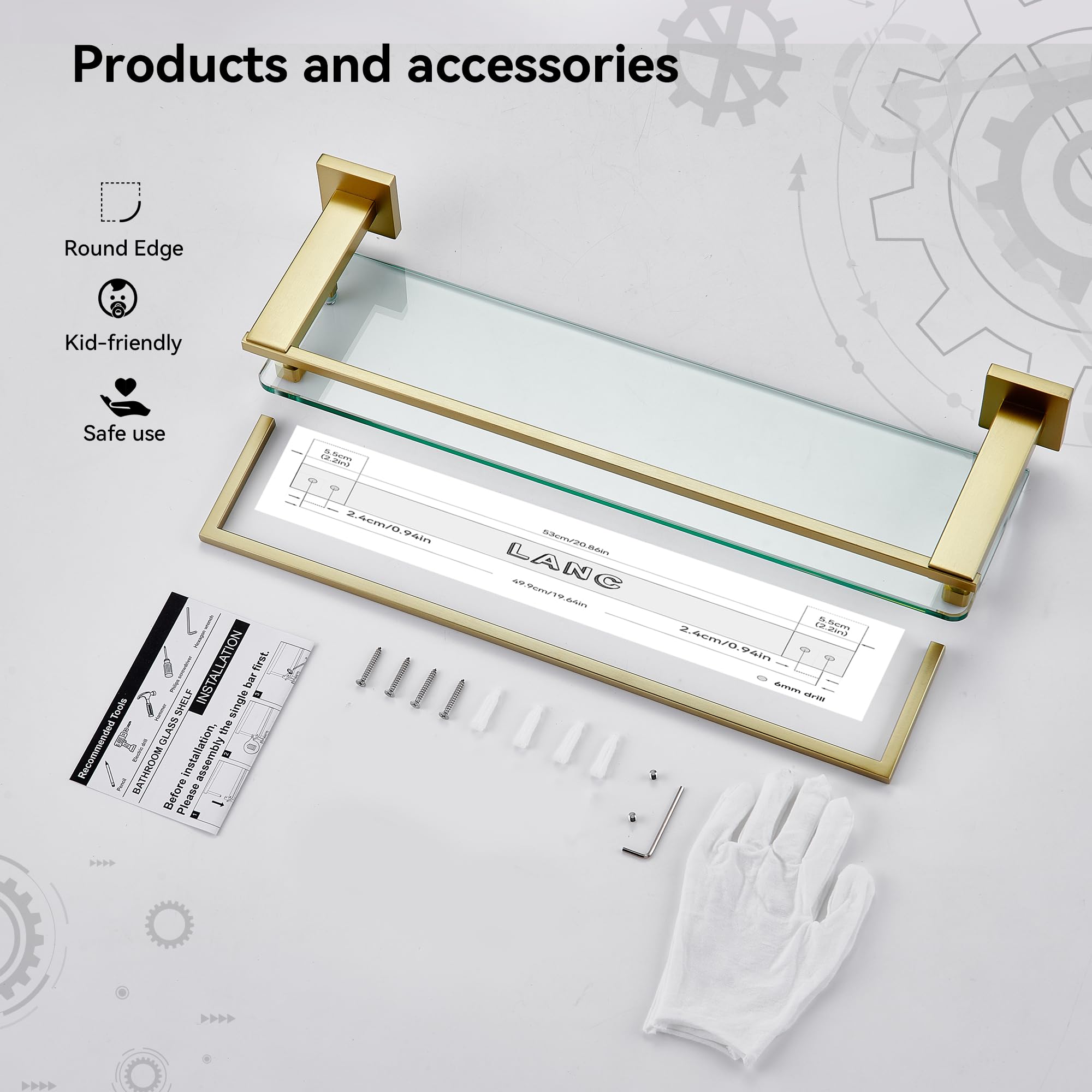 LANC Bathroom Shelves with Towel Bar 20 Inch Gold Floating Tempered Glass Shelf with Towel Rails for Shower Bath Kitchen Storage Rack Wall Mounted Rustproof Stainless Steel Brushed Gold,A7615BG