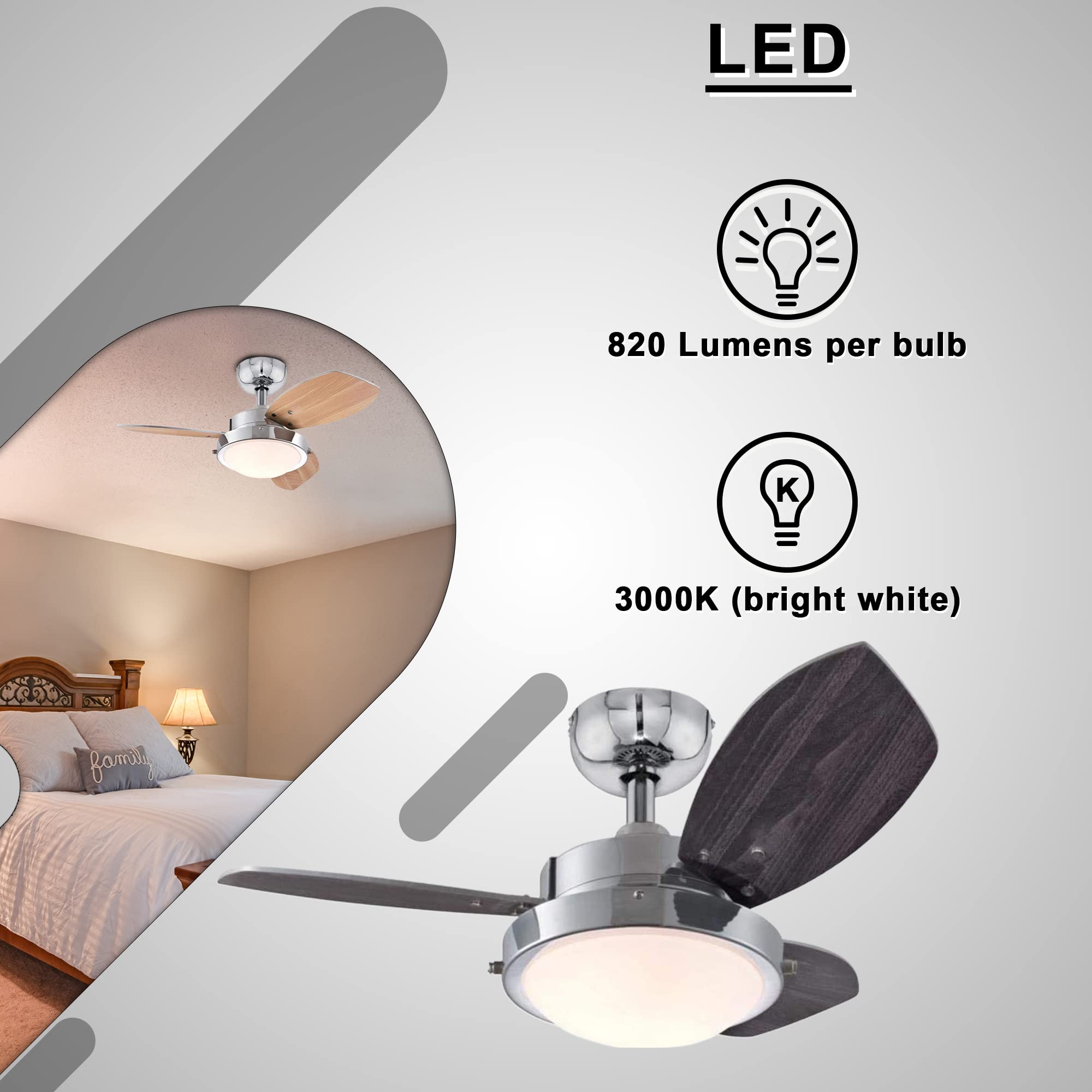 Ciata Lighting 30-Inch Wengue Indoor Ceiling Fan in Chrome Finish with Dimmable LED Light Fixture in Opal Frosted Glass with Reversible Wengue/Beech Blades