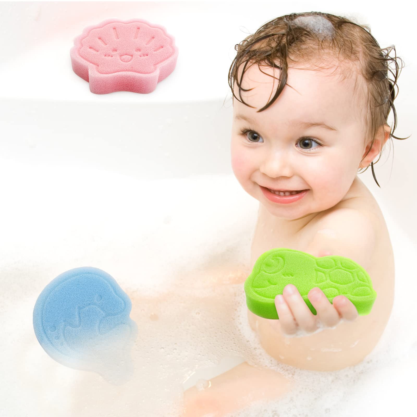 DANCELF Baby Bath Sponge, Natural Cute Shapes Soft Shower Sponges for Bathing, Bathtub Foam for Infants and Toddler, 3pcs : Blue Dolphin, Pink Shell, Green Turtle