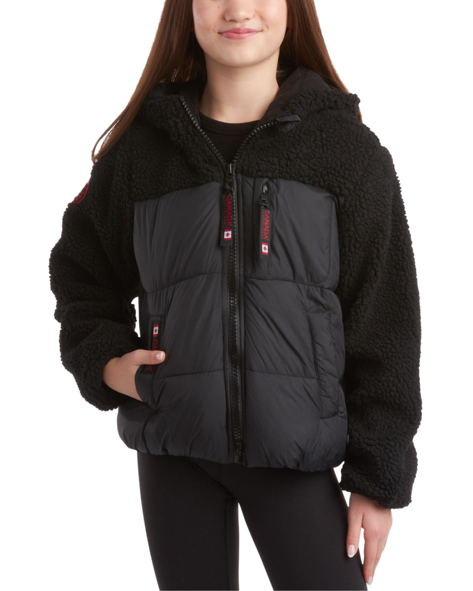 CANADA WEATHER GEAR Girls' Jacket - Sherpa Lined Puffer Coat with Hood (Size: 4-16), Size 7-8, Black