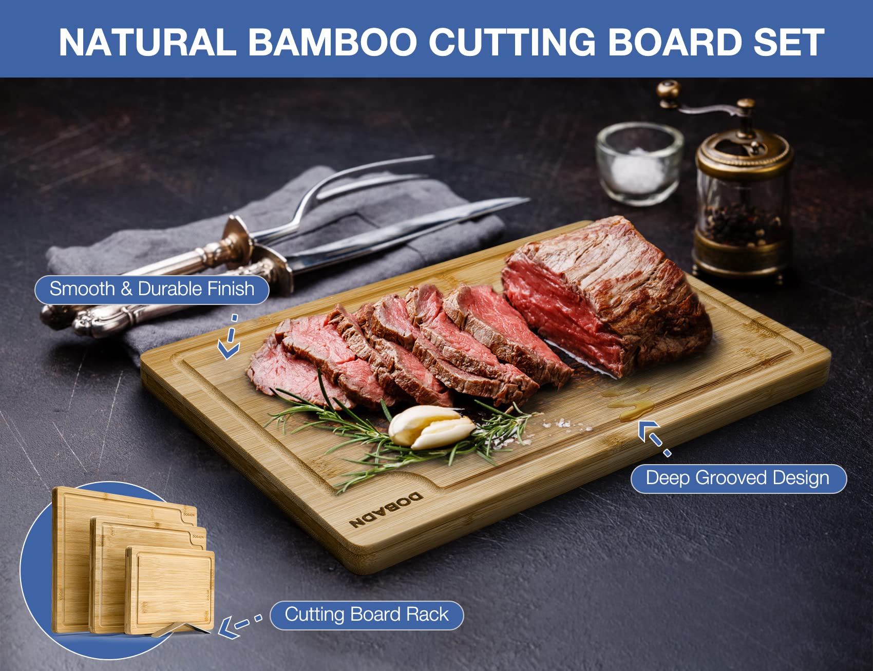DOBADN Bamboo Cutting Board Set for Kitchen,(Set of 3)Chopping Boards with Juice Groove,Natural Wood Cutting Boards with Stainless Steel Holder,Cutting Board Set for Butcher Block,Cheese,Vegetables
