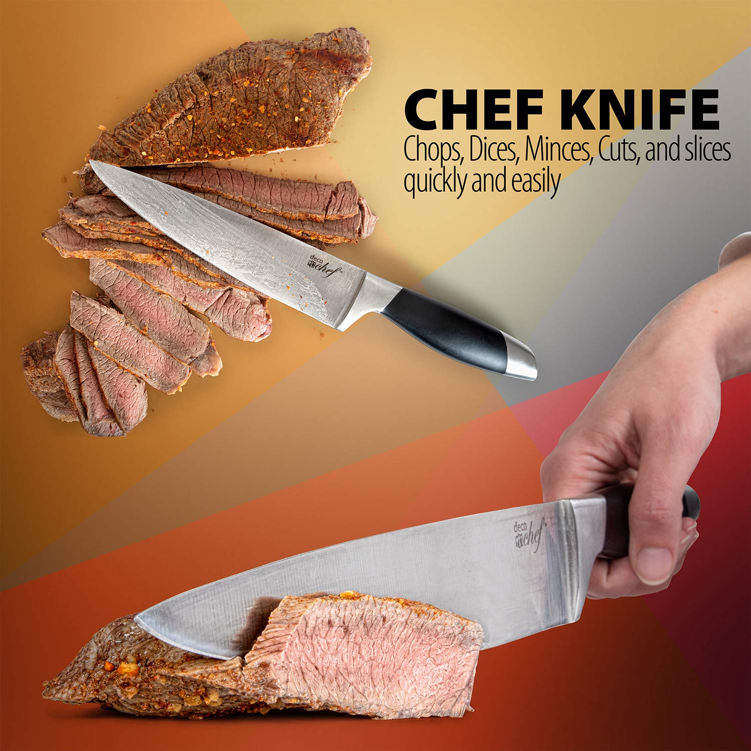 Deco Chef 12-Piece Stainless Steel Kitchen Knife Set with Full Tang High Grade Blades and Wooden Storage Block, Sharpening Manual Included