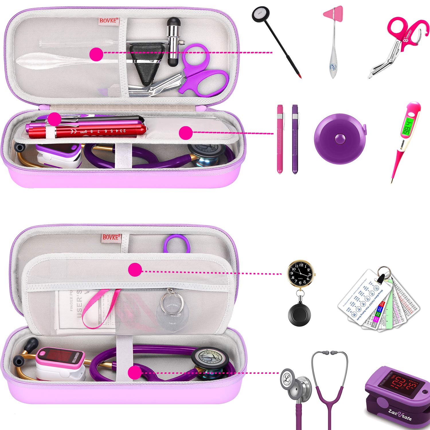 BOVKE Stethoscope Portable Case Replacement for 3M Classic III, Lightweight II S.E, Cardiology IV, MDF Acoustica Deluxe Stethoscopes - Extra Room fits Nurse Accessories Penlight EMT Scissors, Purple