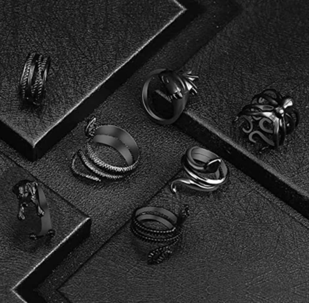 CZYYSWGS 15Pcs Silver and Black Goth Rings Vintage Snake Frog Spider Punk Rings Adjustable Rings for Women Cool Rings Goth Accessories（A006）