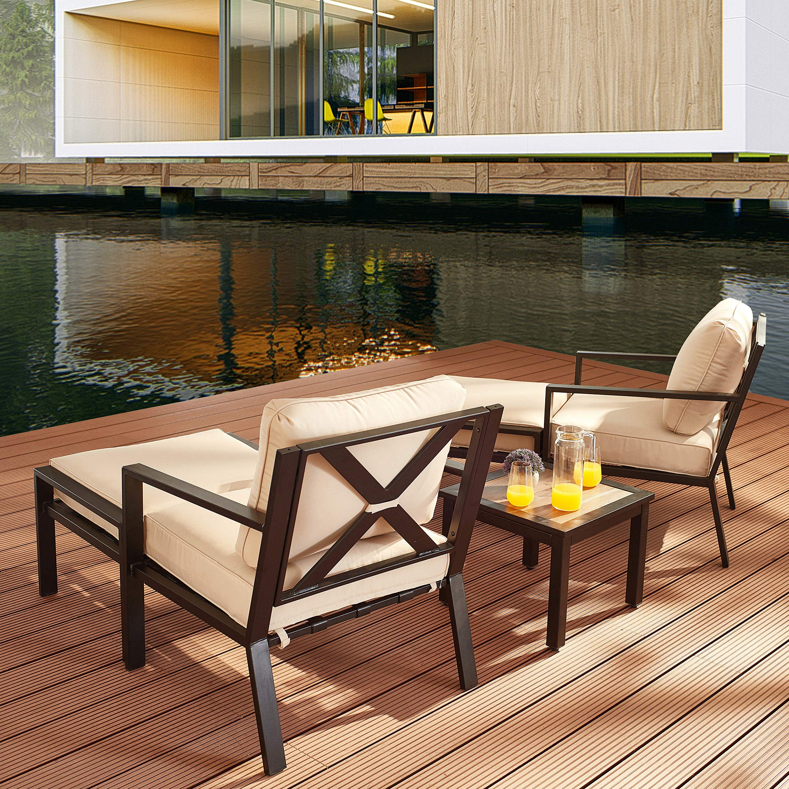 LOKATSE HOME Outdoor Conversation Furniture Sofa Club Chairs with Ottomans and Coffee Side Table, 5-Piece Patio Set, Beige Cushions