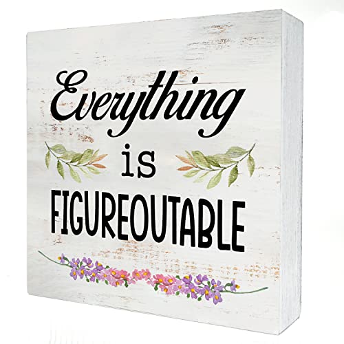 Everything is Figureoutable Wood Box Sign Decor Rustic Inspirational Office Quote Wooden Box Sign Block Plaque for Wall Tabletop Desk Home Office Decoration 5" x 5"
