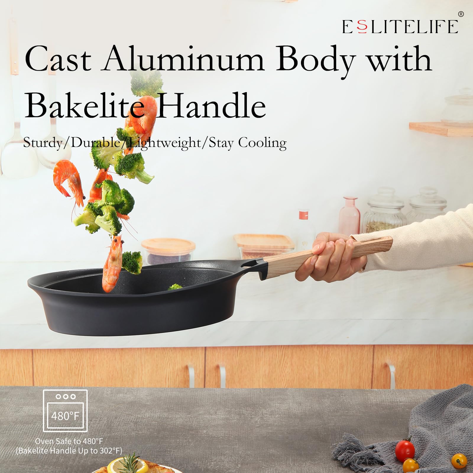 ESLITE LIFE Nonstick Deep Frying Pan Skillet, Healthy Granite Coating Egg Omelette Pan Stone Cookware Chef's Pan, PFOA Free(Black, 8 Inch)